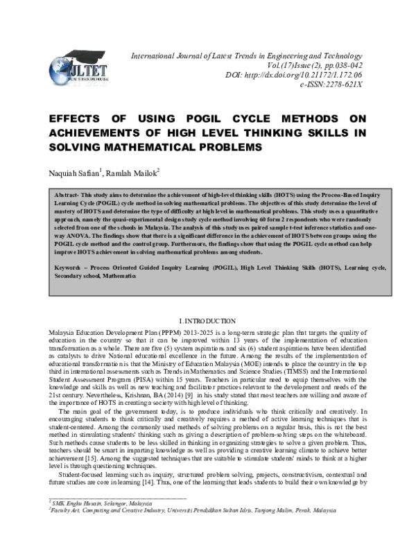 (PDF) EFFECTS OF USING POGIL CYCLE METHODS ON ACHIEVEMENTS OF HIGH ...