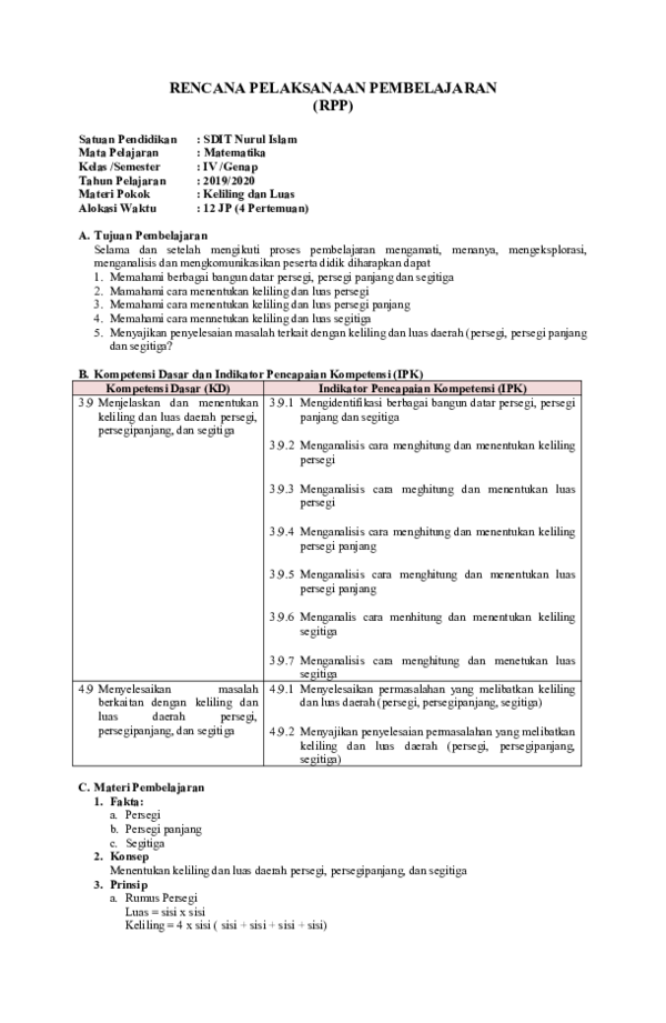 (DOC) RPP Matematika Bab 9 Kelas 4 K13 Revisi