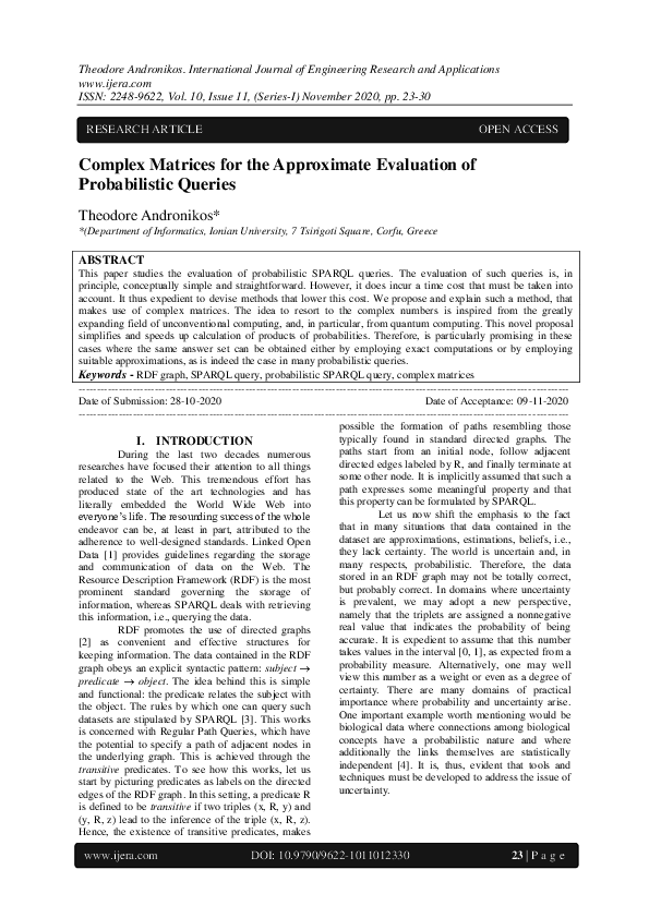 (PDF) Complex Matrices for the Approximate Evaluation of Probabilistic Queries