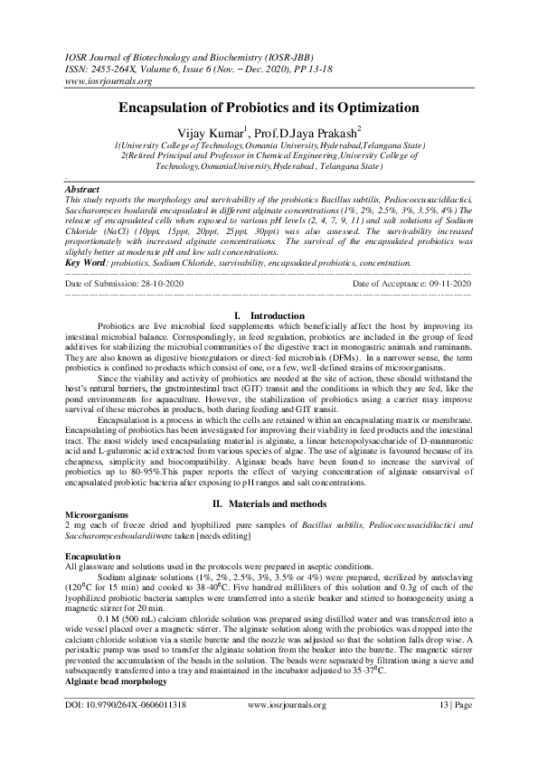 Pdf Encapsulation Of Probiotics And Its Optimization
