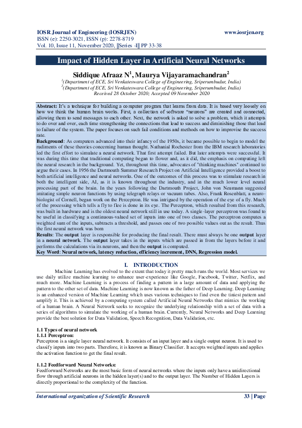 Pdf Impact Of Hidden Layer In Artificial Neural Networks