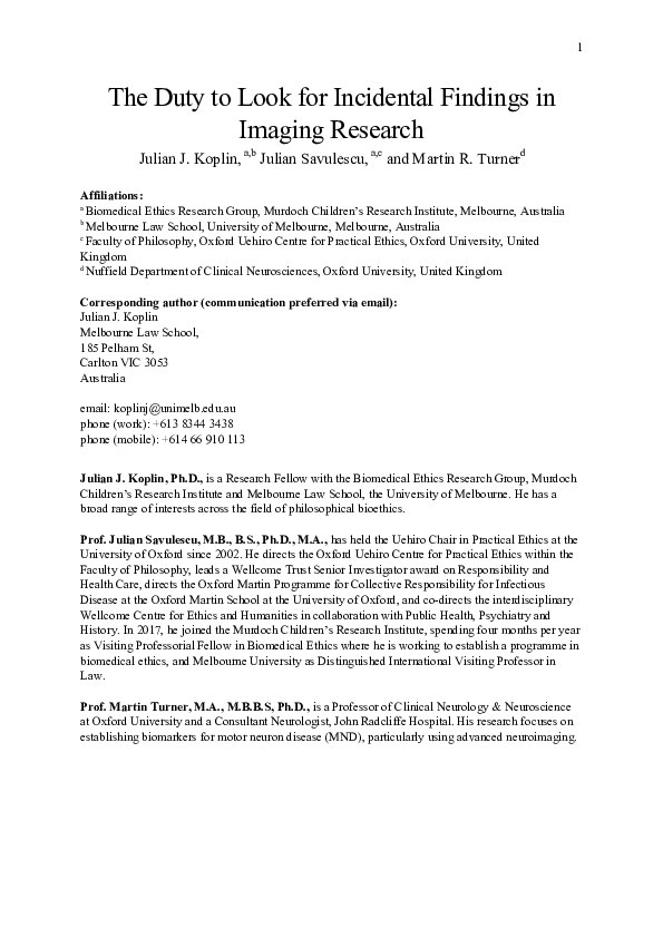 (DOC) The Duty to Look for Incidental Findings in Imaging Research