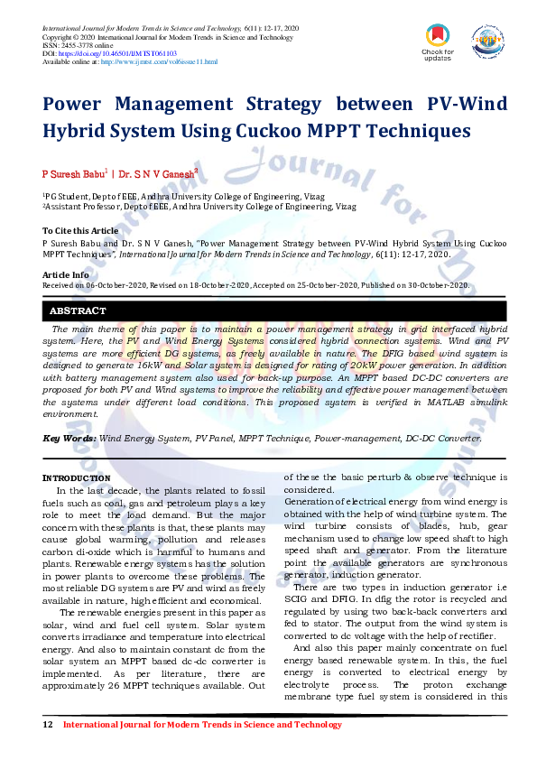 (PDF) Power Management Strategy between PV-Wind Hybrid System Using Cuckoo MPPT Techniques