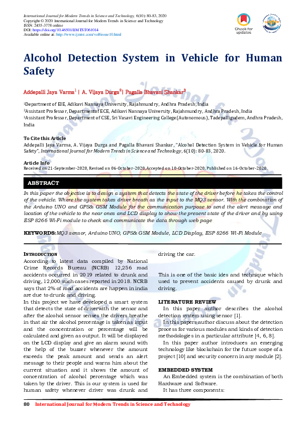 (PDF) Alcohol Detection System in Vehicle for Human Safety