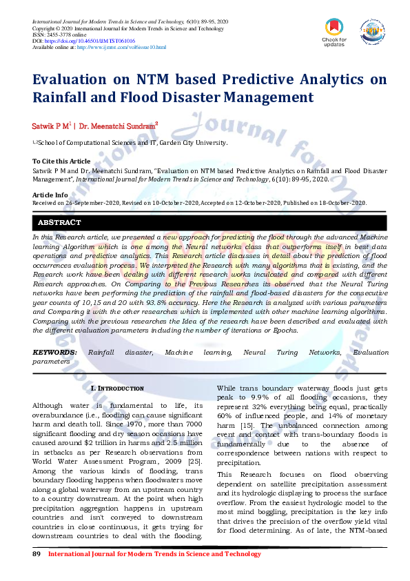 (PDF) Evaluation on NTM based Predictive Analytics on Rainfall and Flood Disaster Management