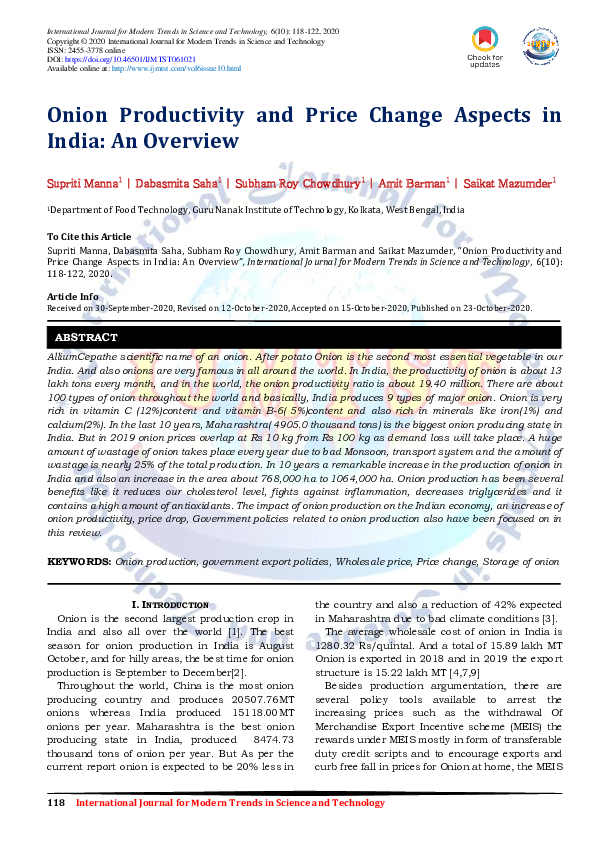(PDF) Onion Productivity and Price Change Aspects in India: An Overview