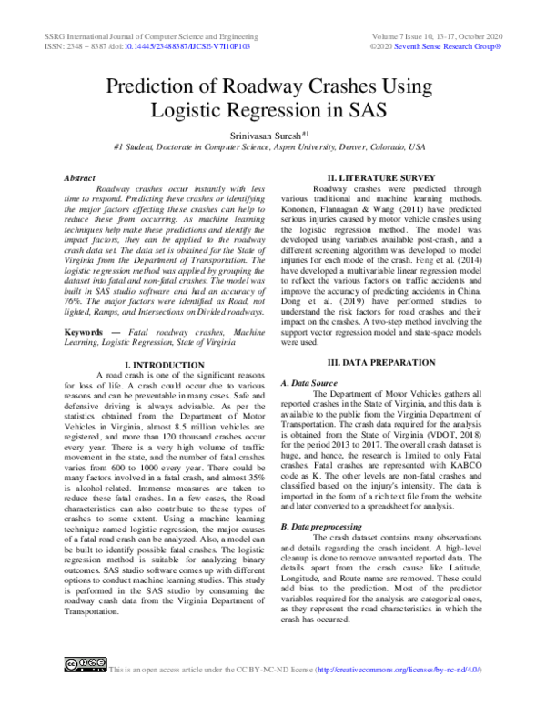 Pdf Prediction Of Roadway Crashes Using Logistic Regression In Sas Srinivasan Suresh