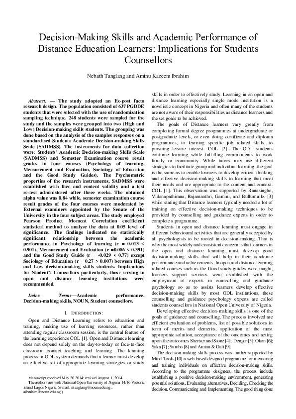 (PDF) PDF DECISION MAKING SKILLS AND ACADEMIC PERFORMANCE OF DISTANCE ...