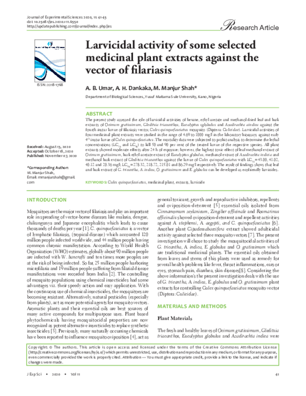 (PDF) Larvicidal activity of some selected medicinal plant extracts against the vector of filariasis