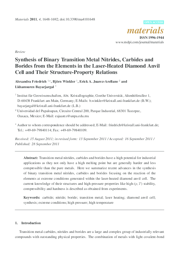 (PDF) Synthesis of Binary Transition Metal Nitrides, Carbides and ...
