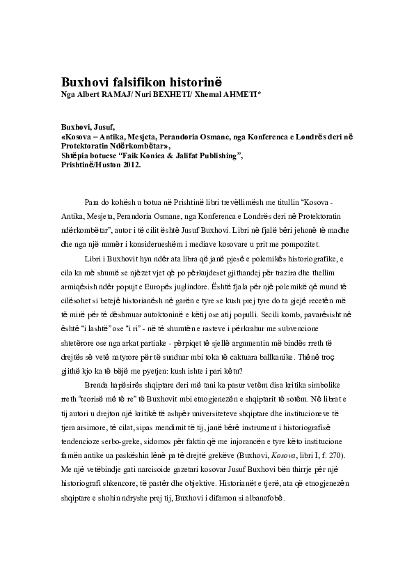 (PDF) Jusuf Buxhovi falsifikon historinë. Albert Ramaj, Nuri Bexheti ...