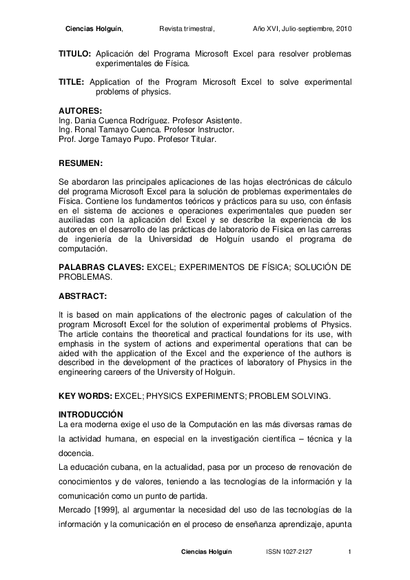 Aplicación del Programa Microsoft Excel para resolver problemas ... Aplicación del Programa Microsoft Excel para resolver problemas ...
