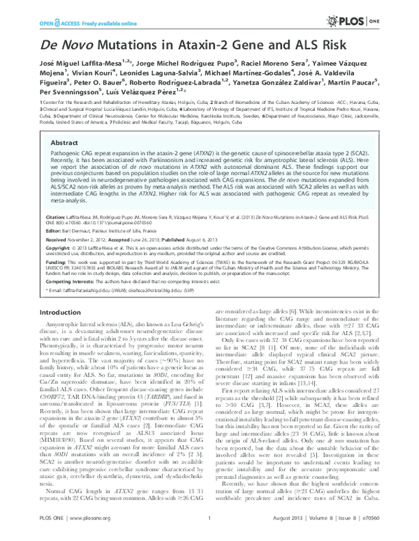 (PDF) De Novo Mutations in Ataxin-2 Gene and ALS Risk