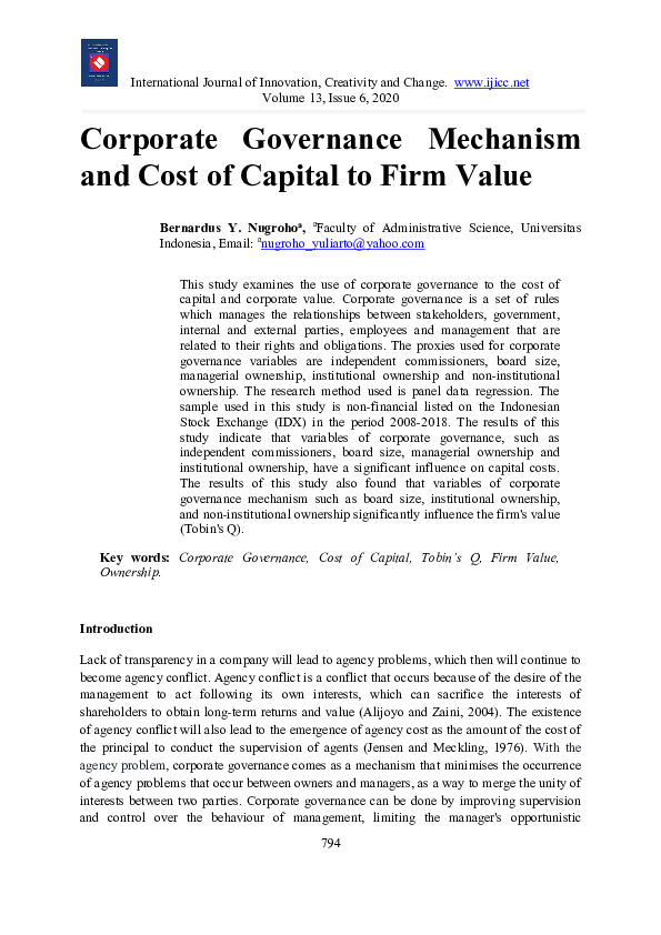 (PDF) Corporate Governance Mechanism and Cost of Capital to Firm Value