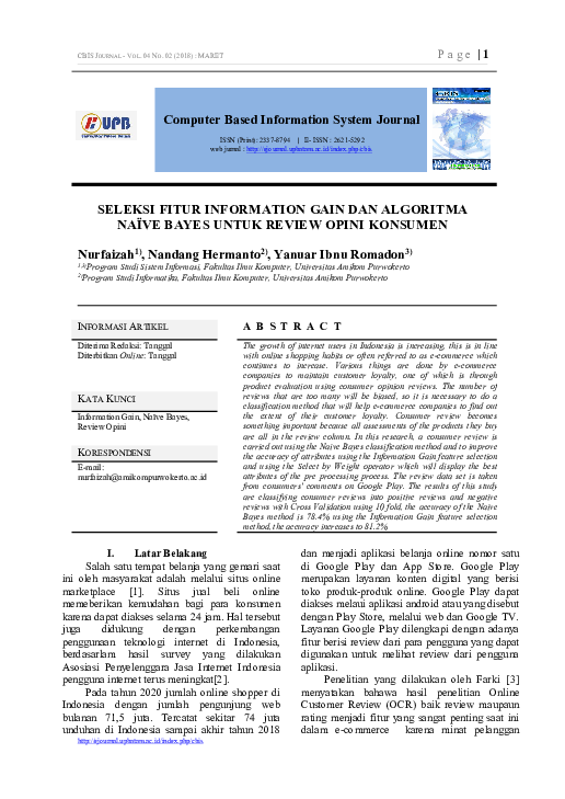 (PDF) Computer Based Information System Journal SELEKSI FITUR INFORMATION GAIN DAN ALGORITMA ...