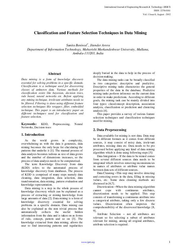 Pdf Ijert Classification And Feature Selection Techniques In Data