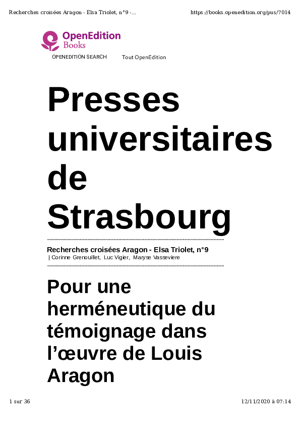 (PDF) Pour une herméneutique du témoignage dans l'oeuvre de Louis ...