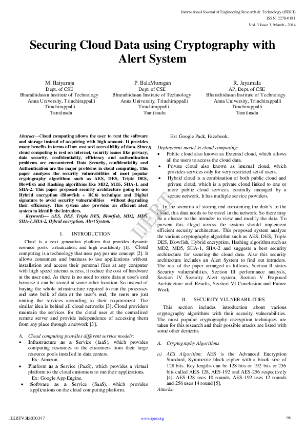 Pdf Ijert Securing Cloud Data Using Cryptography With Alert System