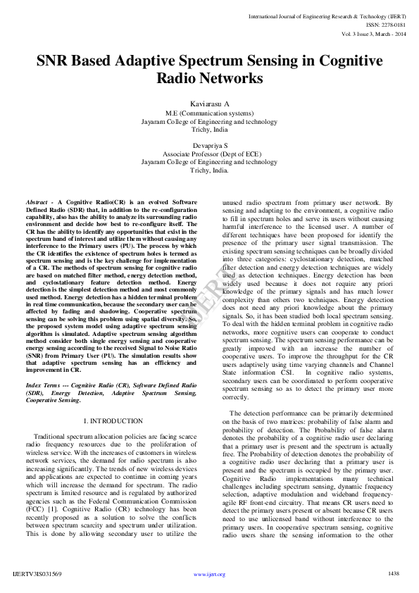 (PDF) IJERT-SNR Based Adaptive Spectrum Sensing in Cognitive Radio Networks | IJERT Journal ...