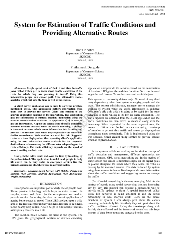 Pdf Ijert System For Estimation Of Traffic Conditions And Providing Alternative Routes