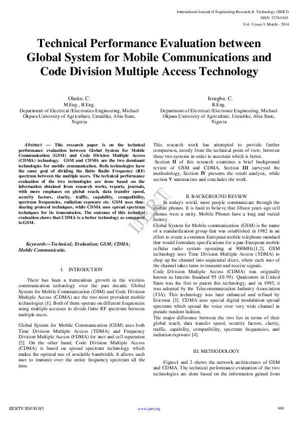 (PDF) IJERT-Technical Performance Evaluation between Global System for Mobile Communications and ...