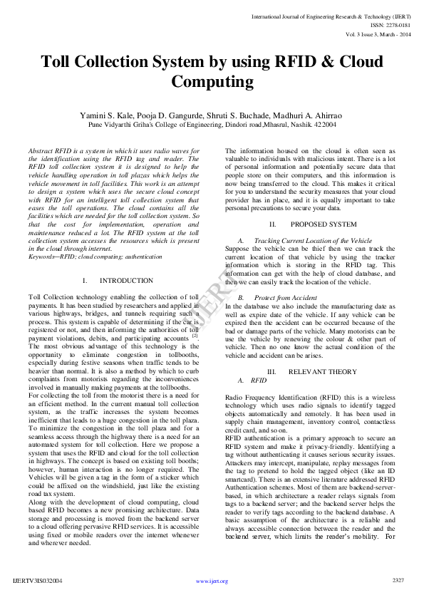 Pdf Ijert Toll Collection System By Using Rfid And Cloud Computing