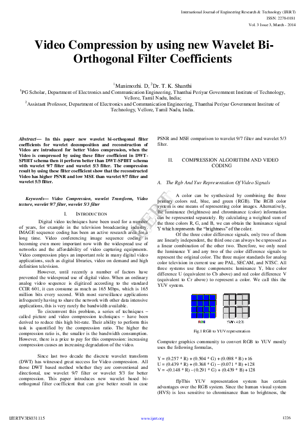 (PDF) IJERT-Video Compression by using new Wavelet Bi-Orthogonal Filter Coefficients | IJERT ...