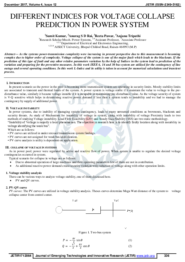 Pdf Different Indices For Voltage Collapse Prediction In Power System