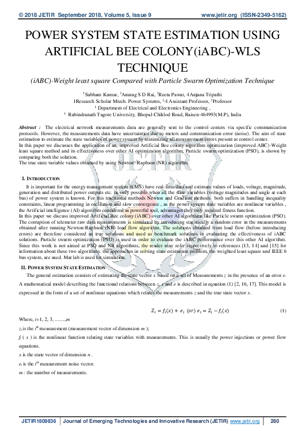 Pdf Power System State Estimation Using Artificial Bee Colonyiabc