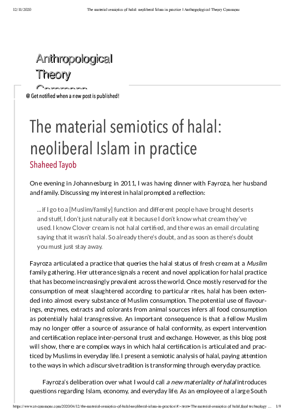 (PDF) The material semiotics of halal: neoliberal Islam in practice.
