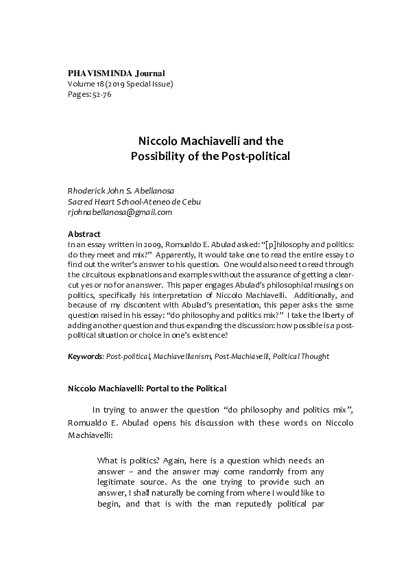 (PDF) Niccolo Machiavelli and the Possibility of the Post-political