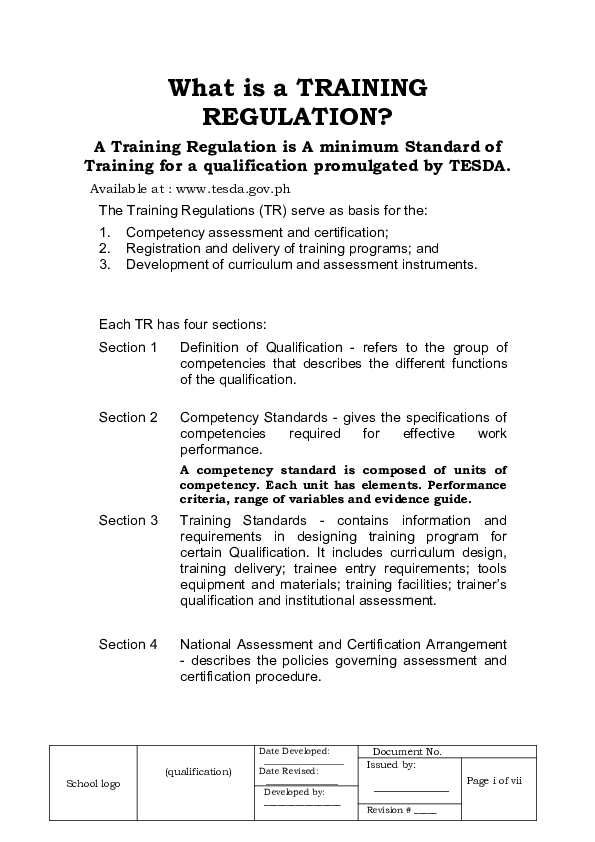 (DOC) What is a TRAINING REGULATION? A Training Regulation is A minimum ...