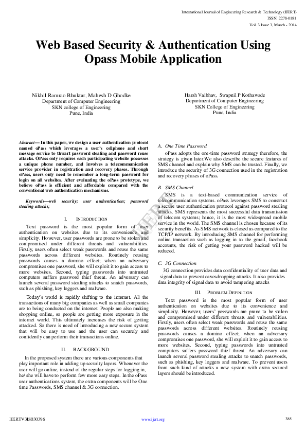Pdf Ijert Web Based Security And Authentication Using Opass Mobile Application Ijert Journal