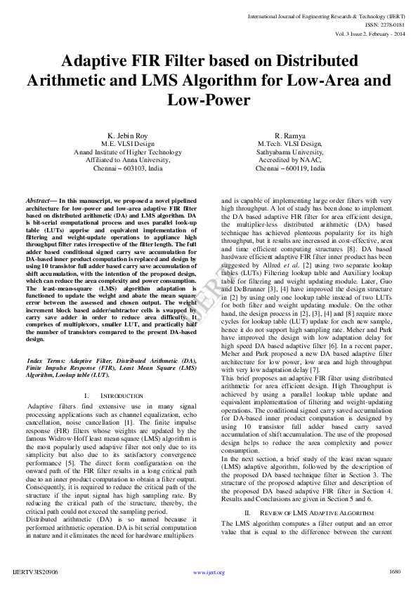 Pdf Ijert Adaptive Fir Filter Based On Distributed Arithmetic And Lms Algorithm For Low Area