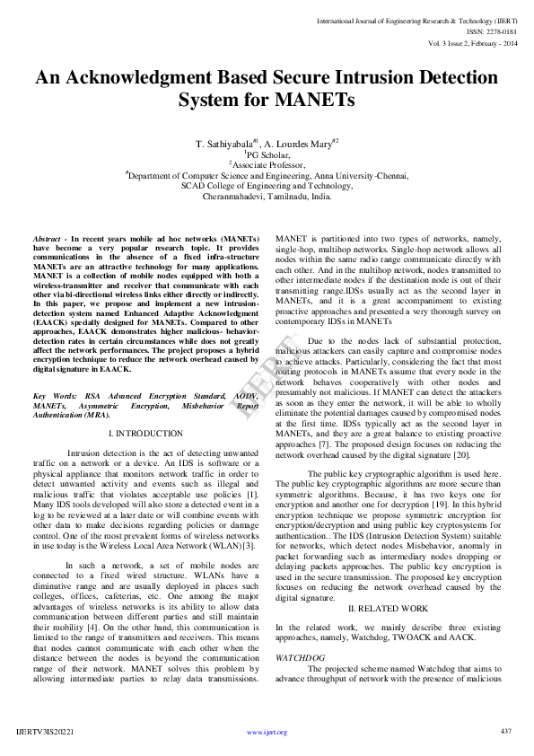 Pdf Ijert An Acknowledgment Based Secure Intrusion Detection System For Manets Ijert Journal