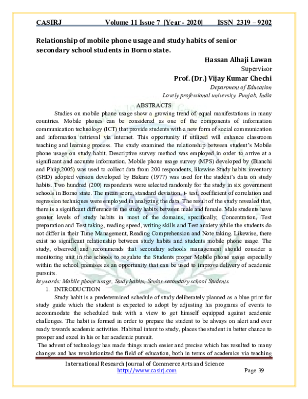 (PDF) Relationship of mobile phone usage and study habits of senior ...