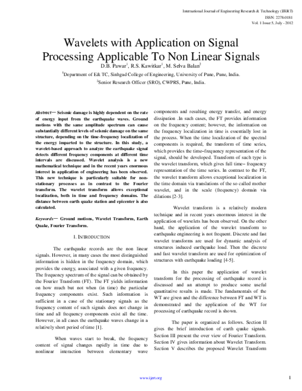 (PDF) IJERT-Wavelets with Application on Signal Processing Applicable To Non Linear Signals