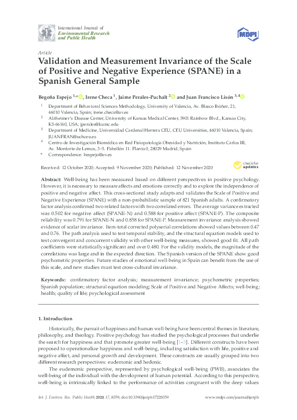 Pdf Validation And Measurement Invariance Of The Scale Of Positive