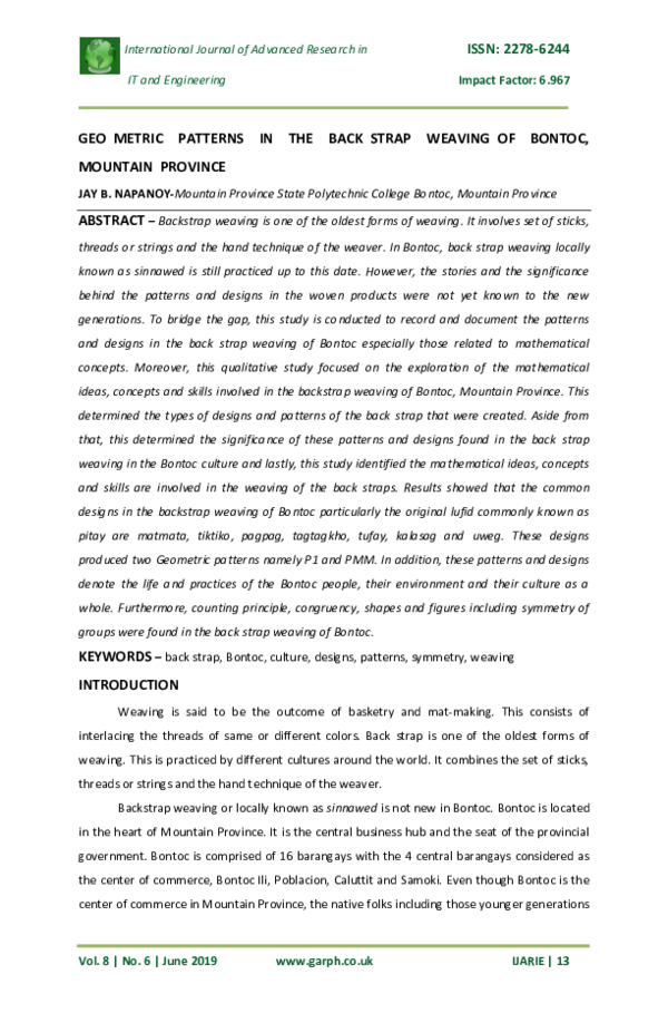 (PDF) GEOMETRIC PATTERNS IN THE BACK STRAP WEAVING OF BONTOC, MOUNTAIN ...