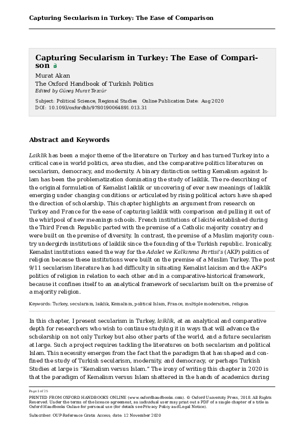 (PDF) Capturing Secularism in Turkey: The Ease of Comparison