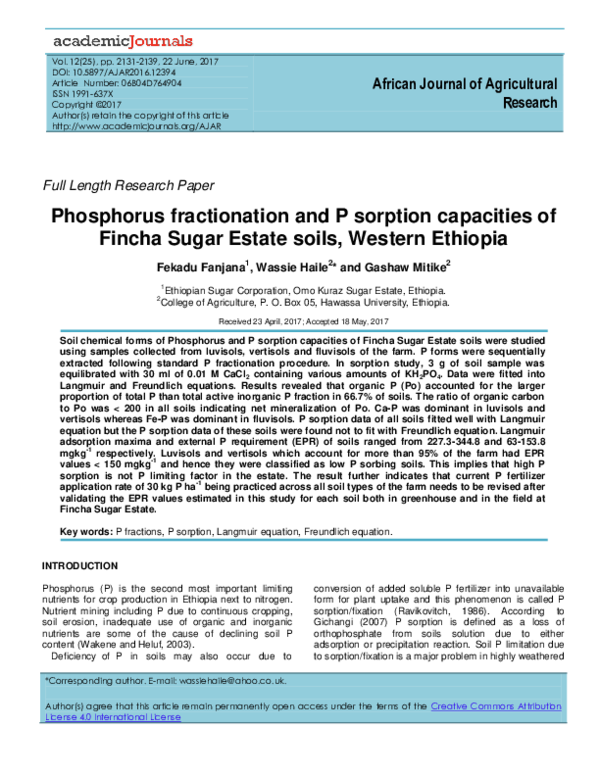 (PDF) African Journal of Agricultural Research Phosphorus fractionation and P sorption ...