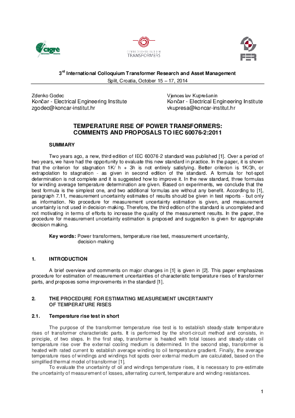 (PDF) TEMPERATURE RISE OF POWER TRANSFORMERS: COMMENTS AND PROPOSALS TO IEC 60076-2:2011