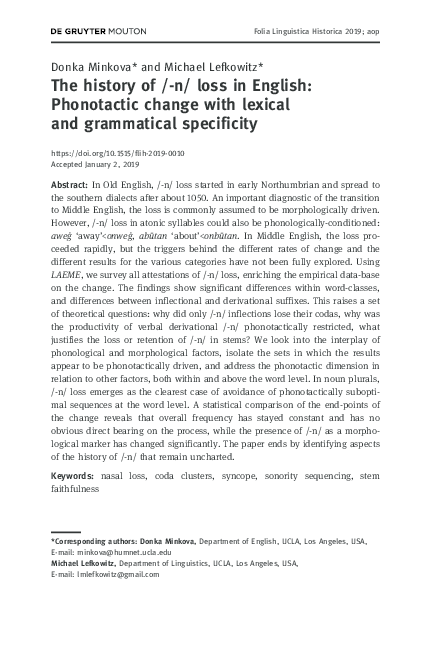 (PDF) The history of /-n/ loss in English: Phonotactic change with ...