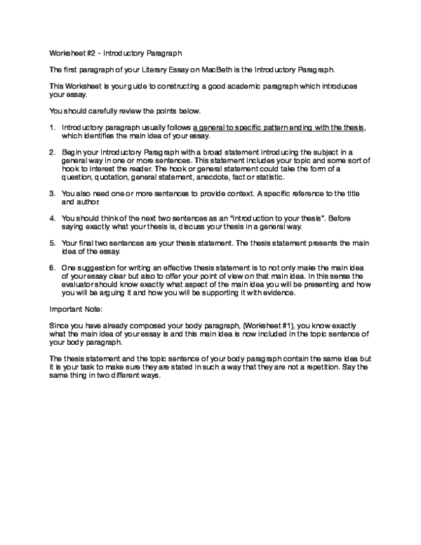 (PDF) Worksheet #2- Introductory Paragraph