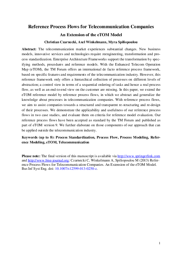 (PDF) Reference Process Flows for Telecommunication Companies An ...