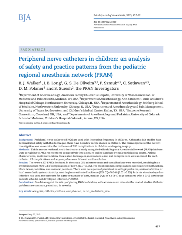 (PDF) Peripheral nerve catheters in children: an analysis of safety and ...