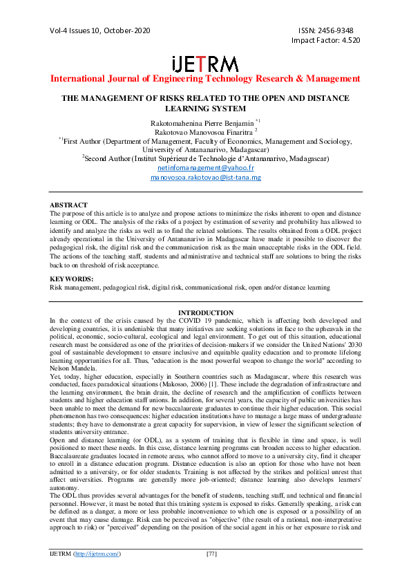 (PDF) THE MANAGEMENT OF RISKS RELATED TO THE OPEN AND DISTANCE LEARNING SYSTEM