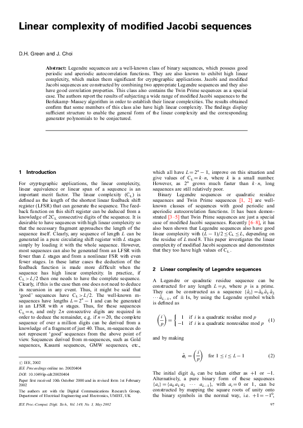 (PDF) Linear complexity of modified Jacobi sequences