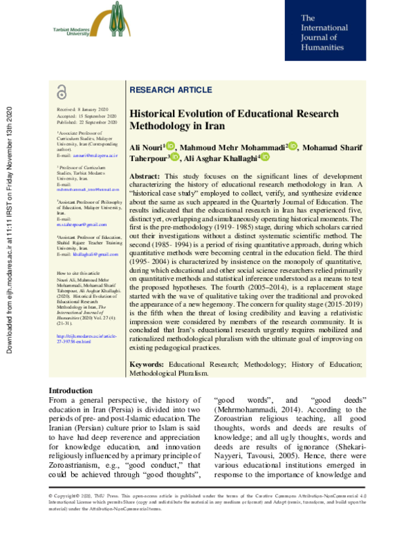 (PDF) Historical Evolution of Educational Research Methodology in Iran