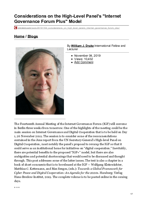 (PDF) William J. Drake. 2019. " Considerations on the High-Level Panel ...